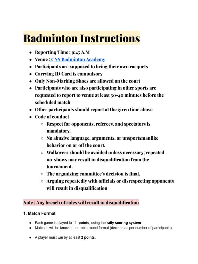 Badminton Tournament Guidelines and Rules | PDF