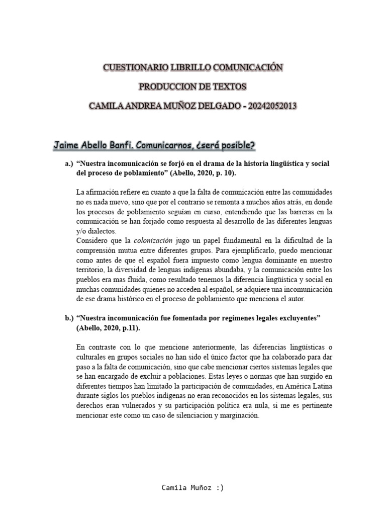 Cuestionario Librillo Comunicacion | PDF | Comunicación | Verdad