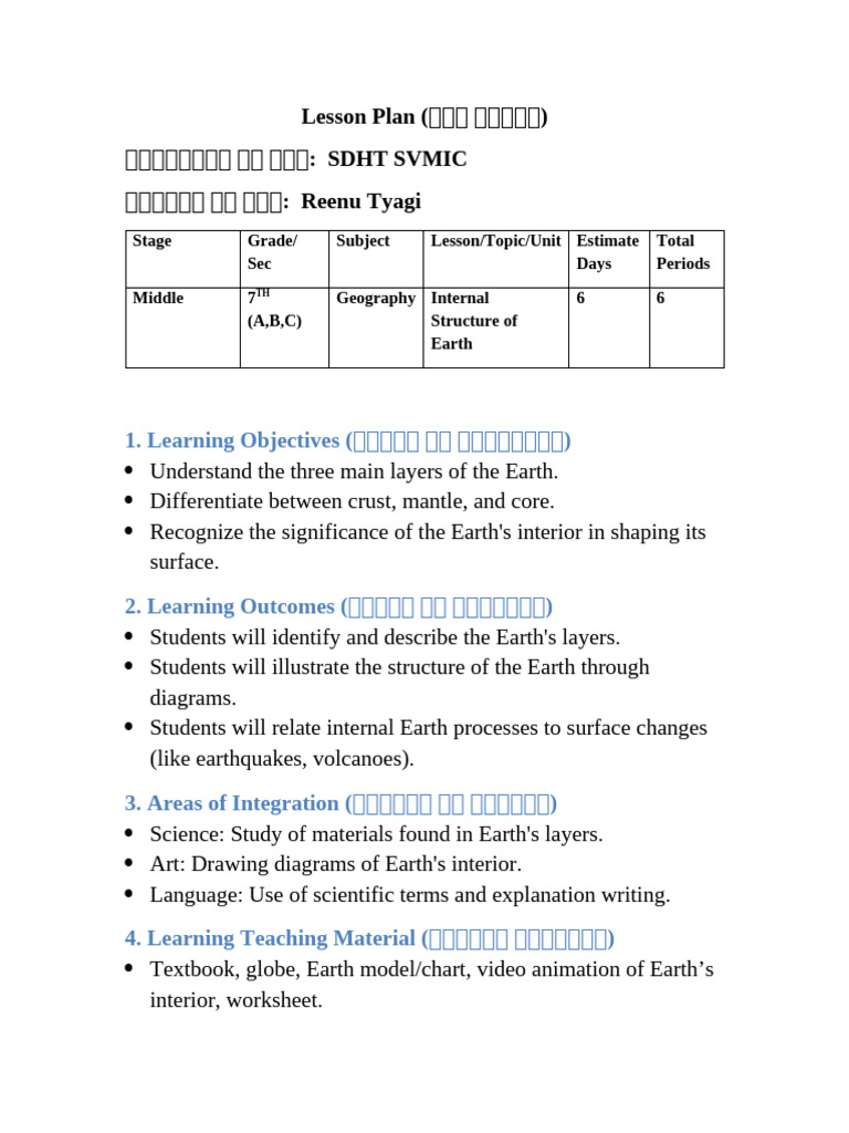 Internal Structure of Earth Lesson Plan Class7 | PDF | Earth | Learning