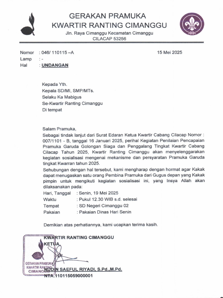 Surat Undangan Sosialisasi Pramuka Garuda Kwarran Cimanggu 2025 | PDF