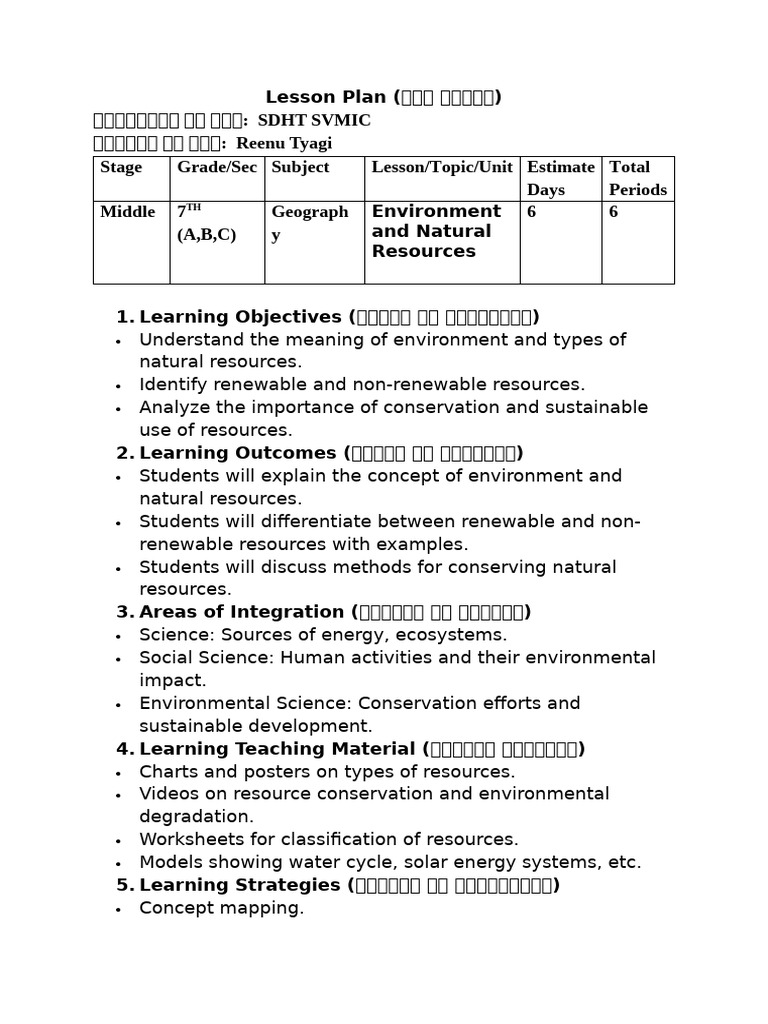 Environment and Natural Resources Lesson Plan | PDF | Conservation Biology | Natural Environment