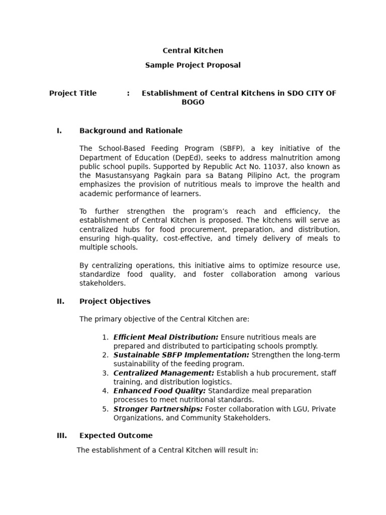 Central Kitchen Proposal for Schools | PDF | Malnutrition | Procurement