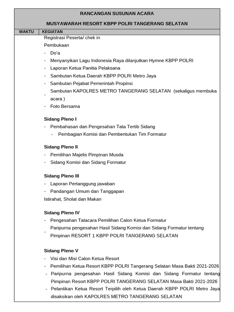 Rancangan Susunan Acara Musyawarah Resort | PDF