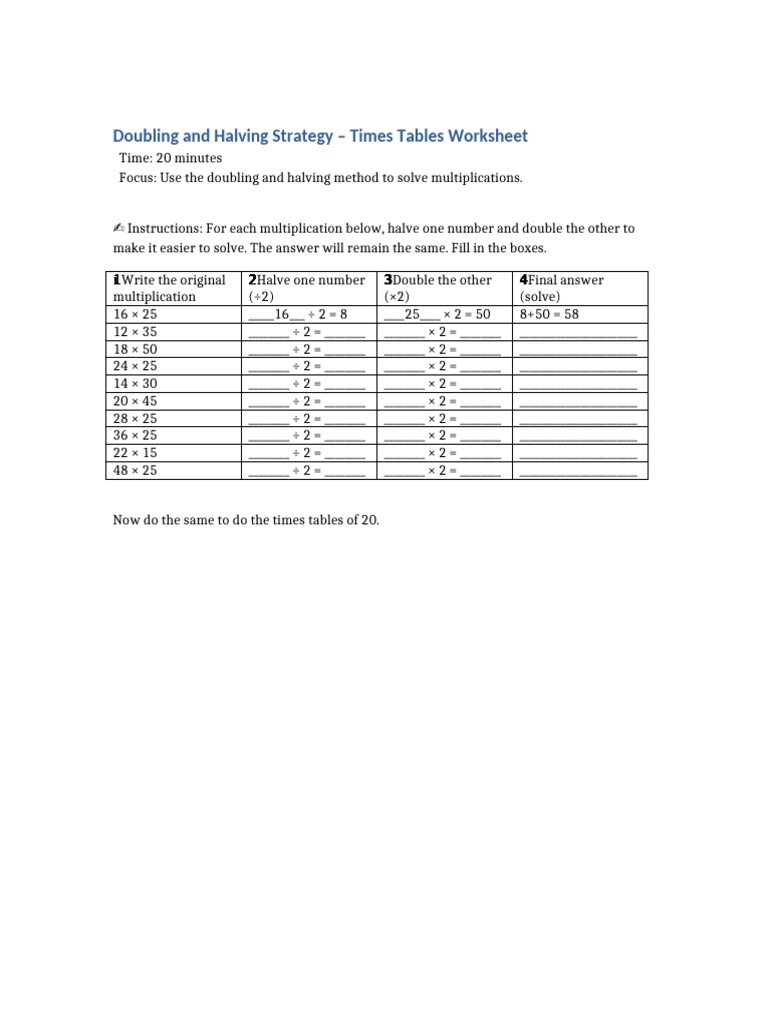 Doubling and Halving Simple Worksheet | PDF