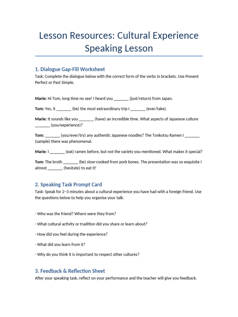 Cultural Experience Speaking Lesson | PDF | Ramen | Human Communication