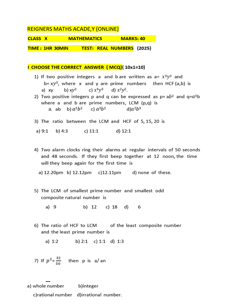 Class X Real Numbers Test (2025) | PDF | Numbers | Prime Number