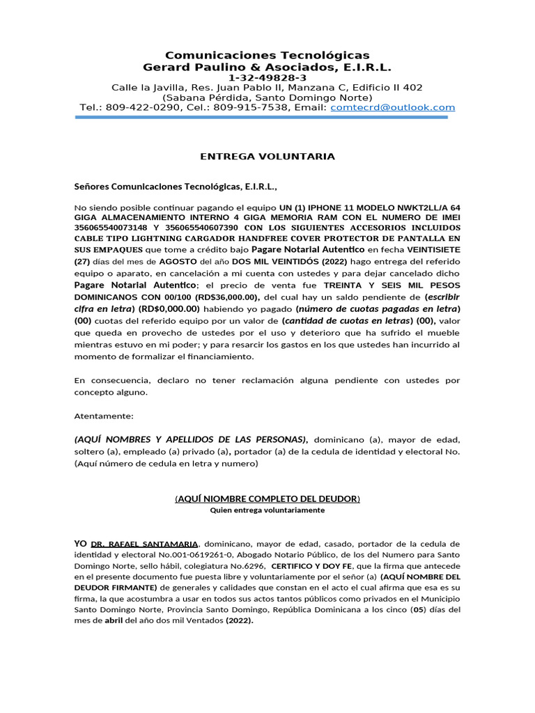 Entrega Voluntaria de Equipo Comtec | PDF