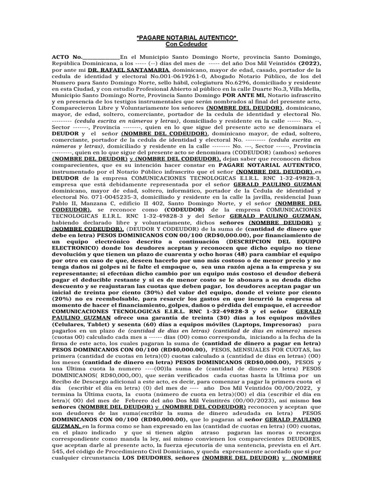 Pagare Notarial Autentico Codeudor | PDF | República Dominicana