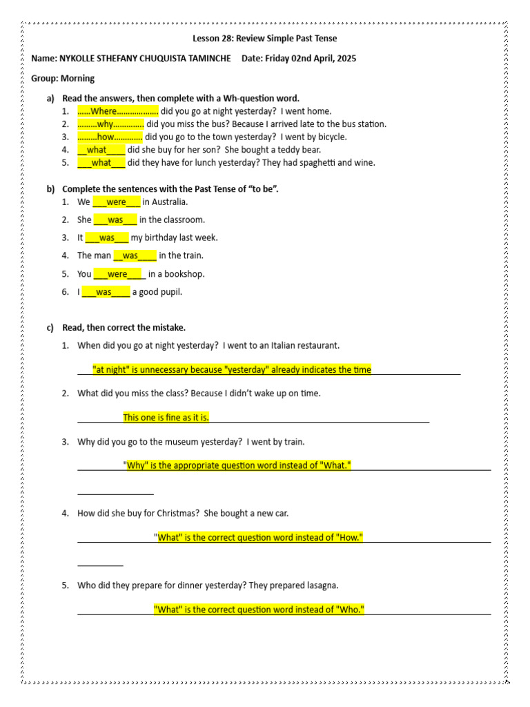 Lesson 28 Review Simple Past Tense | PDF | Cuisine
