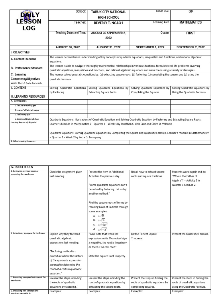DLL Week 1 Quarter 1 Math 9 | PDF | Quadratic Equation | Square Root