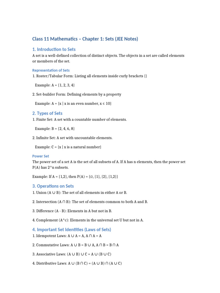 JEE Chapter Notes: Sets Overview | PDF