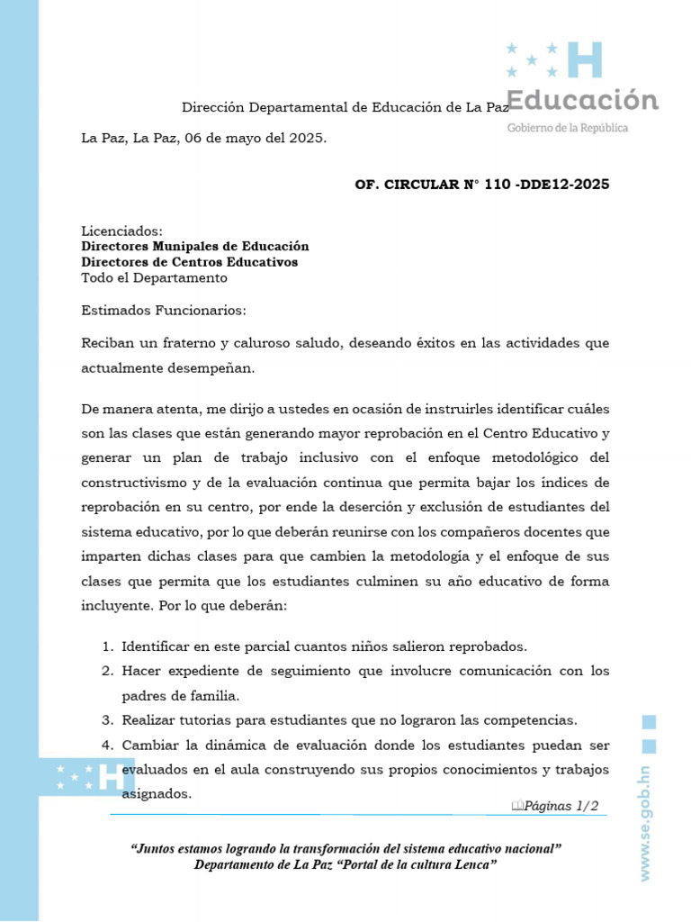Oficio Circular 110-Dde12-2025 | PDF | Aprendizaje