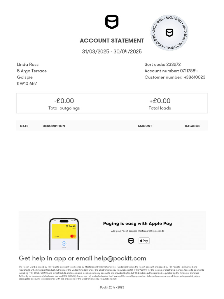 Pockit Account Statement Example | PDF