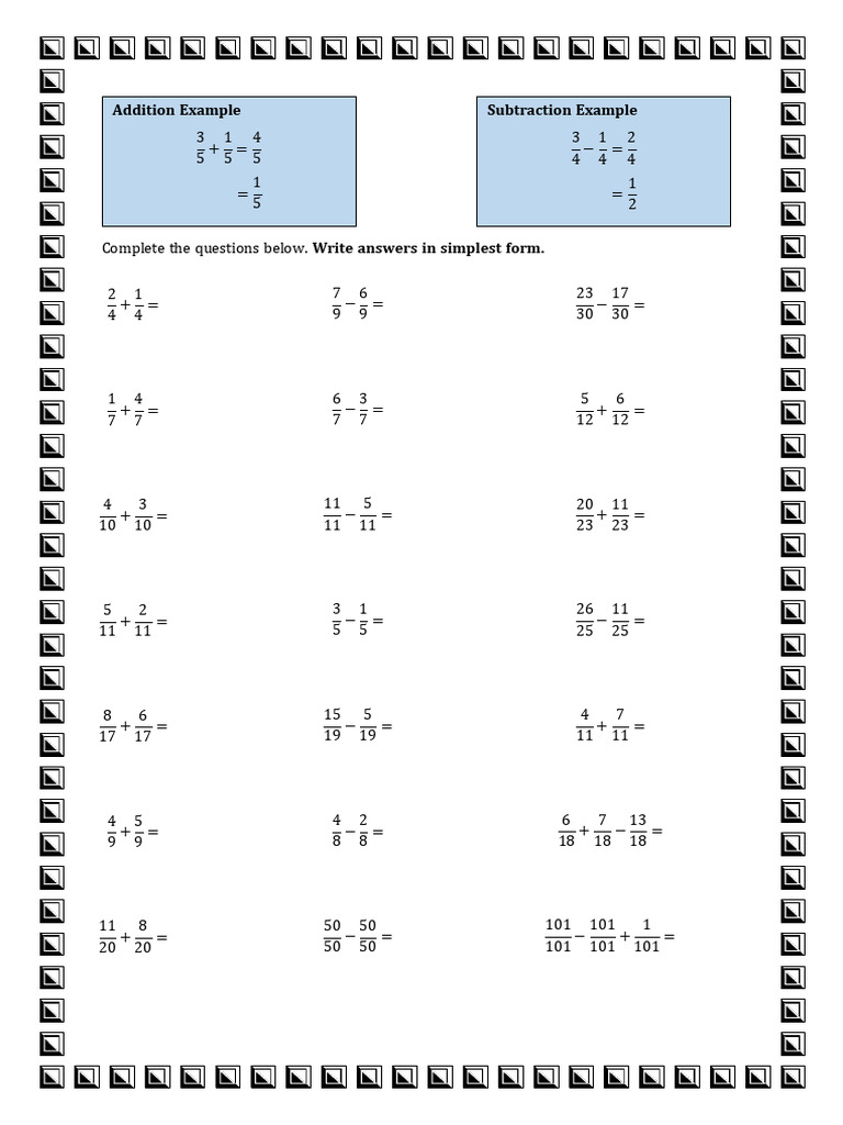 Single Fraction Addition Worksheet Same Denominator | PDF