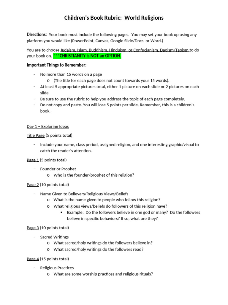 23-24 WorldReligions-ChildrensBook Rubric Unit6 | PDF | Psychological ...