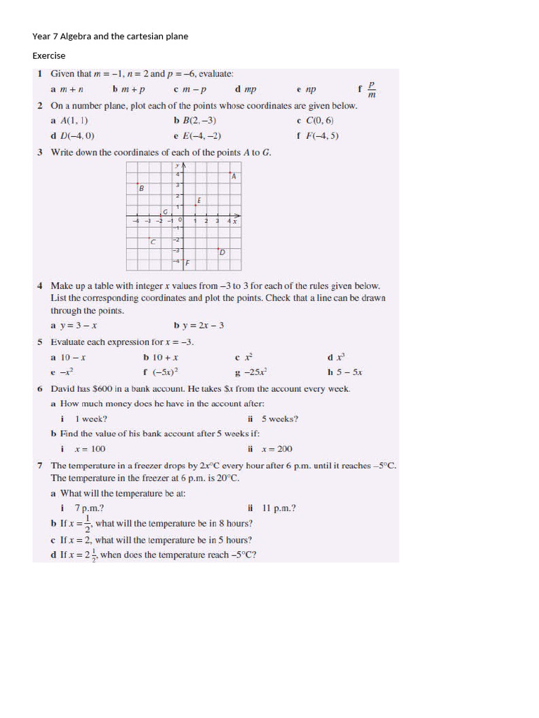 Year 7 Algebra and The Cartesian Plane Q&A | PDF