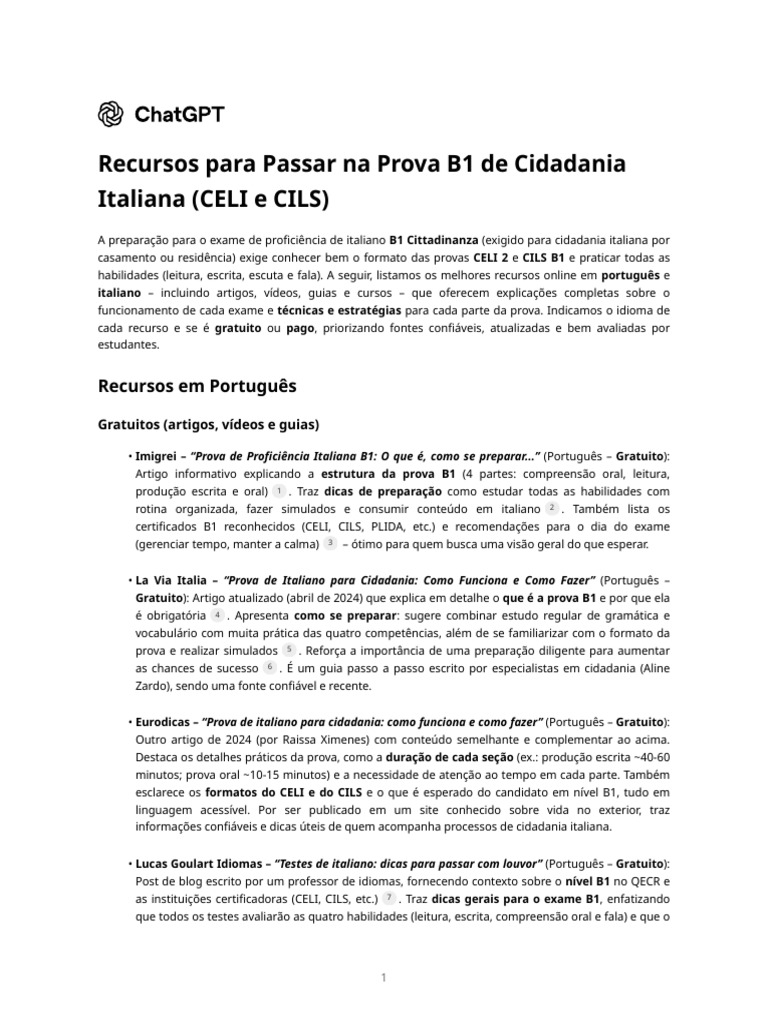 Recursos para Passar Na Prova B1 de Cidadania Italiana (CELI e CILS) | PDF | Itália | YouTube