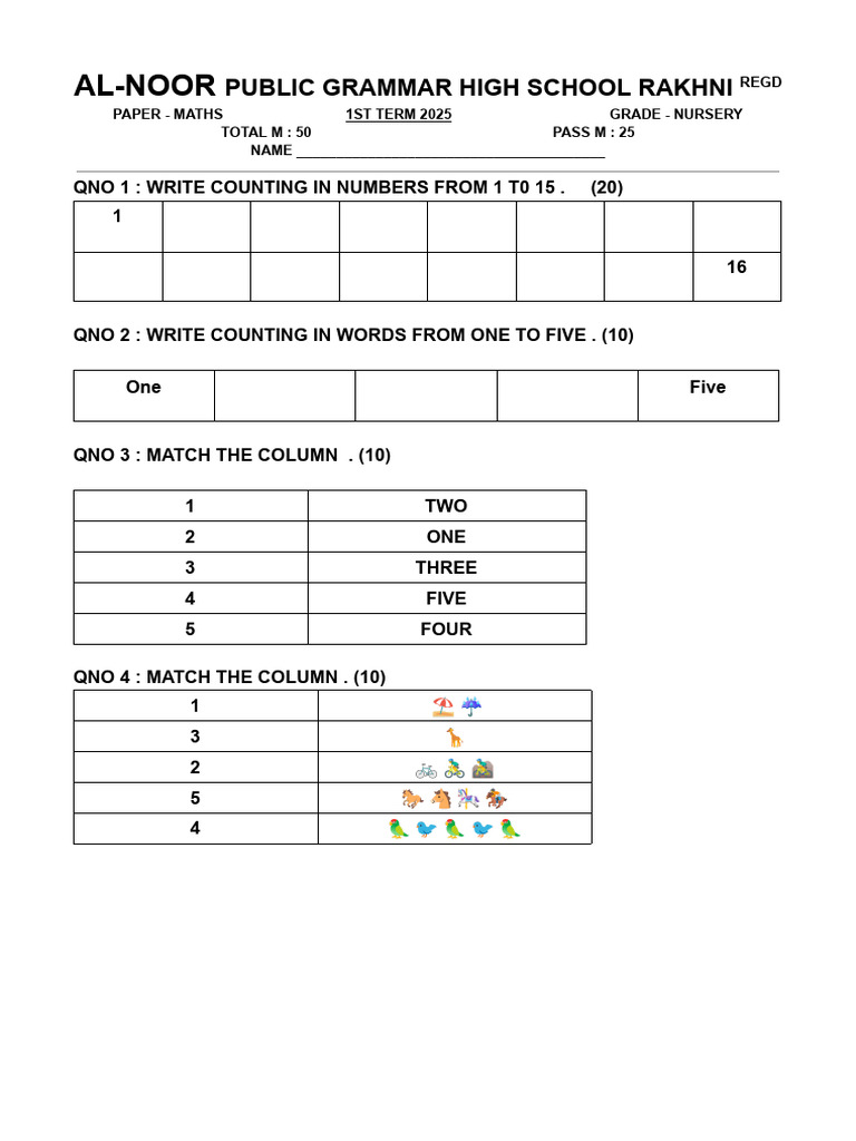 Maths Nursery 1st Term 25 Aps -1 | PDF