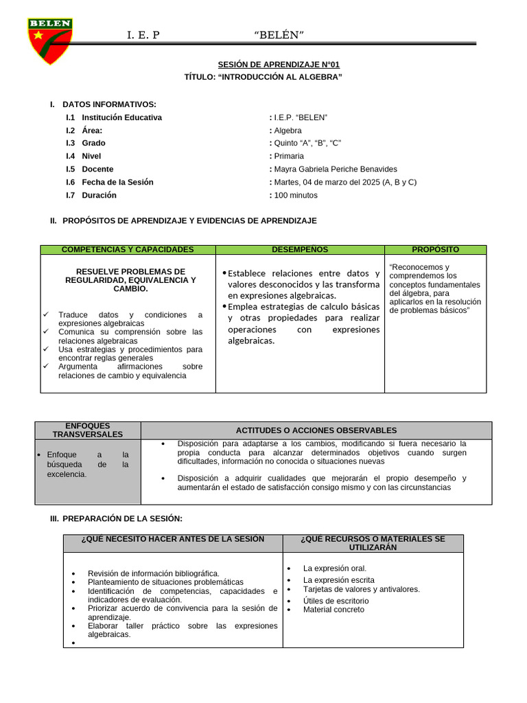 ESQUEMA DE SESIÓN 01 de Arlgebra 2025 | PDF | Álgebra | Aritmética