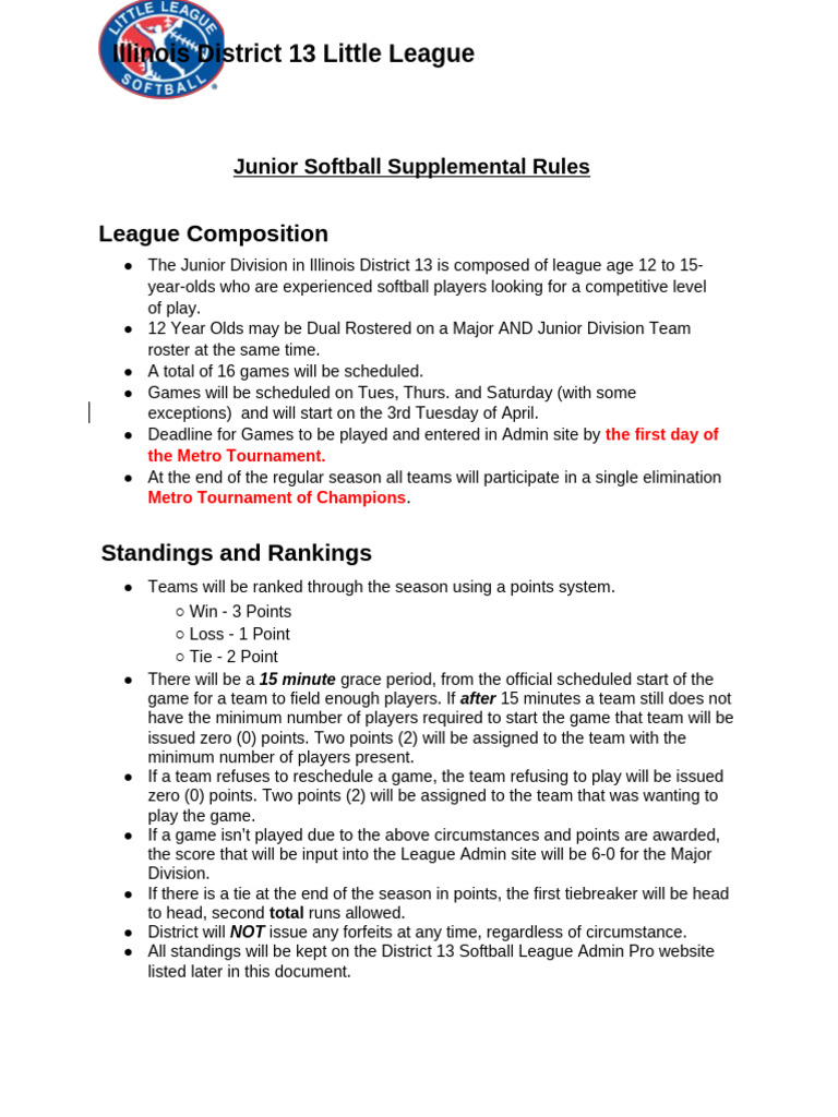 2024 Junior Softball Supplemental Rules | PDF | Baseball Field | Pitcher