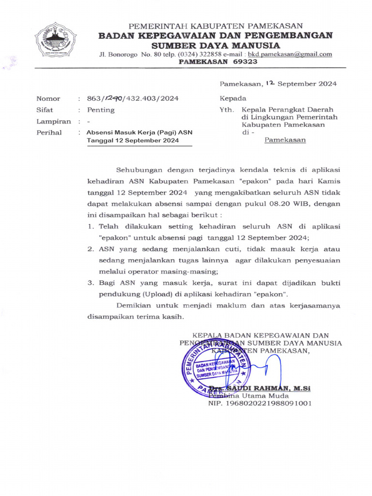 Surat Edaran Absensi 12 September 2024 Revisi | PDF