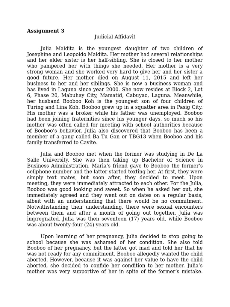 Assignment 3 - Judicial Affidavit For Declaration of Nullity of Marriage | PDF | Family | Social ...