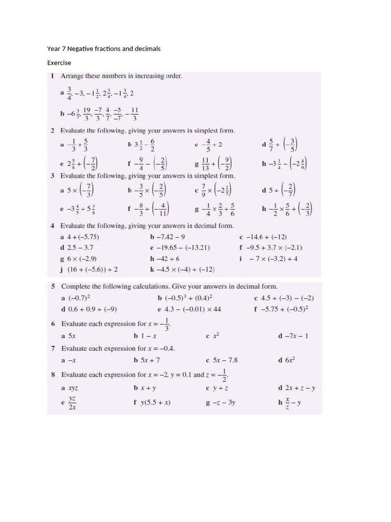 Year 7 Negative Fractions and Decimals Q&A | PDF