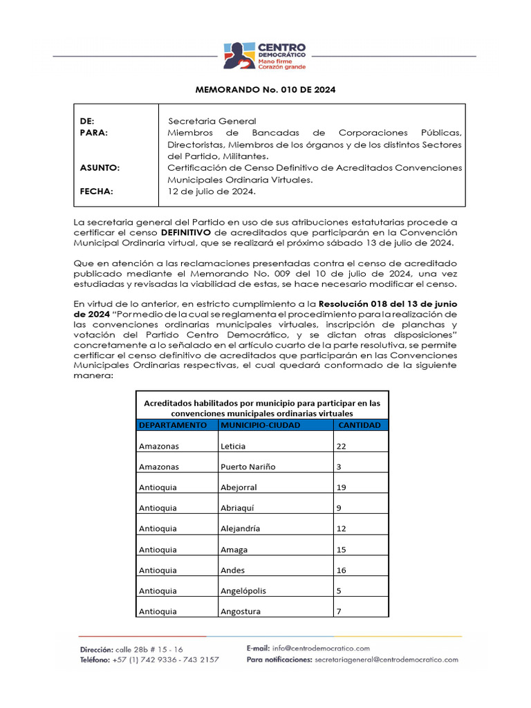 Centrodemocratico Memorando 010 2024 | PDF | Bogotá | Colombia