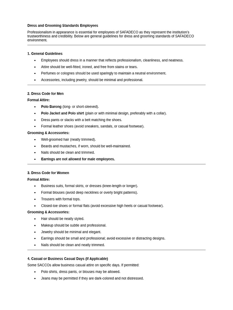 Dress and Grooming Standards Employees | PDF | Clothing | Dress