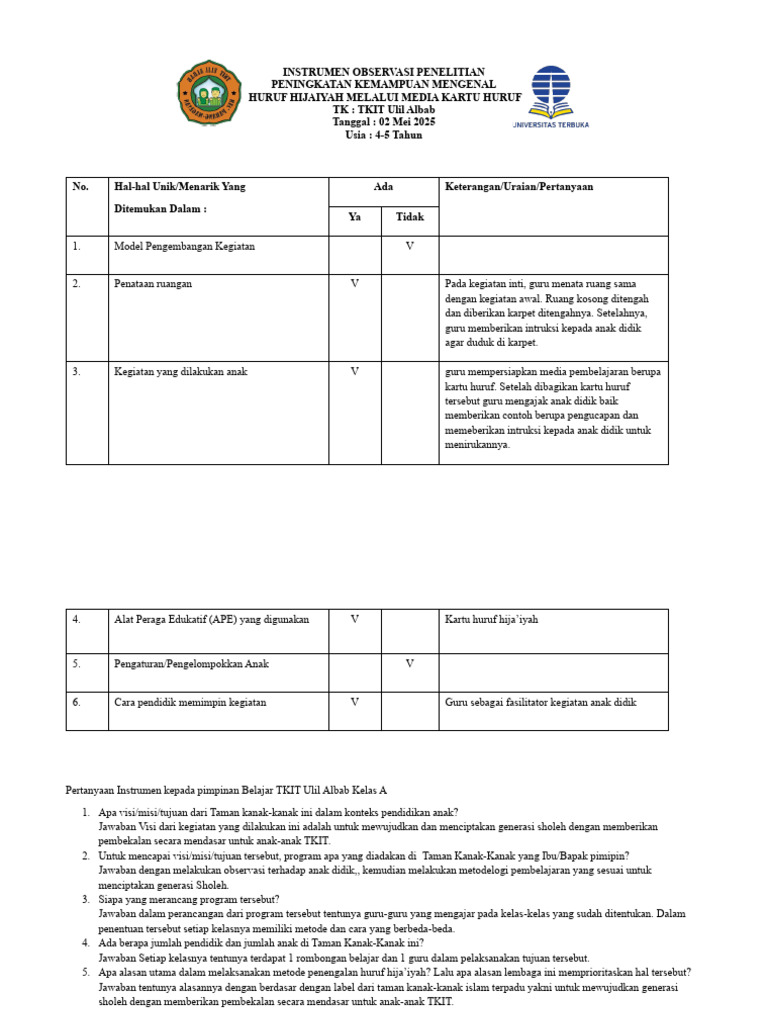 Instrumen Observasi Penelitian | PDF