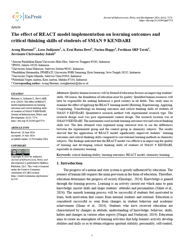 The Effect of REACT Model Implementation On Learning Outcomes and ...