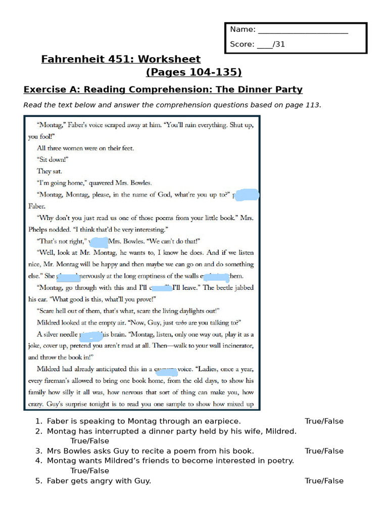 Fahrenheit 451 Worksheet 104-135 | PDF