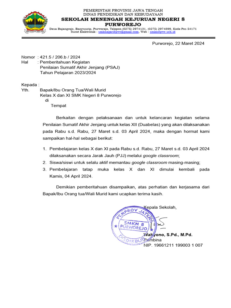 2324 - PSAJ - Pemberitahuan PSAJ Kelas X & XI | PDF