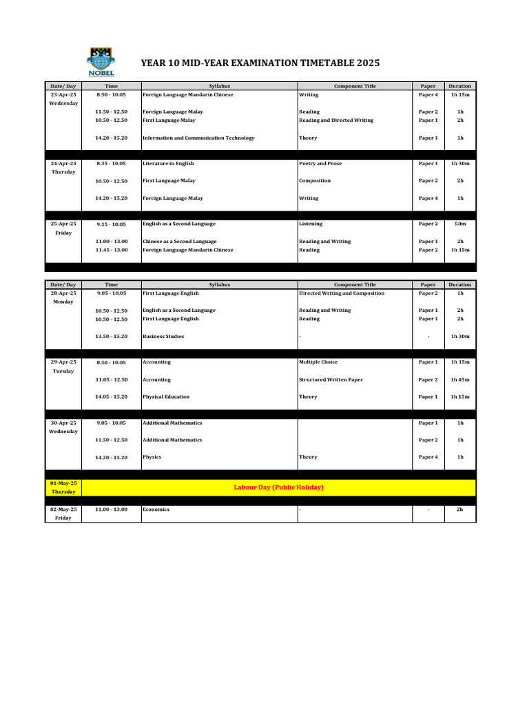 2025 Year 10 Mid-Year Exam Timetable v2 | PDF | Science