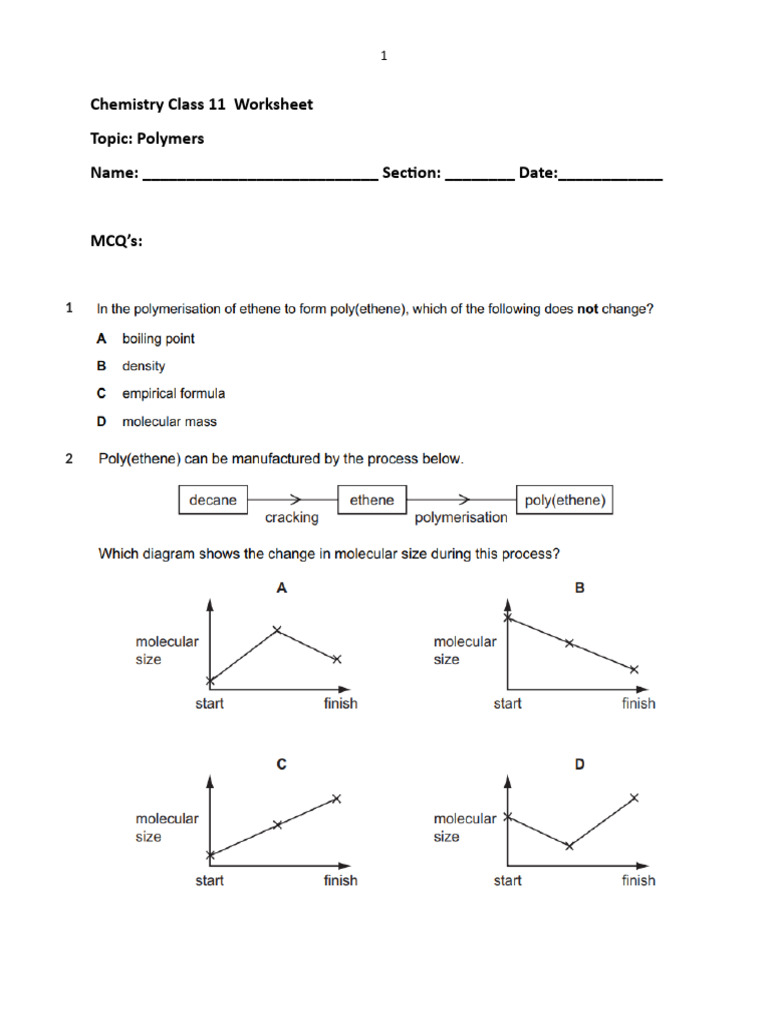 Class 11 Chemistry Worksheet: Polymers | PDF