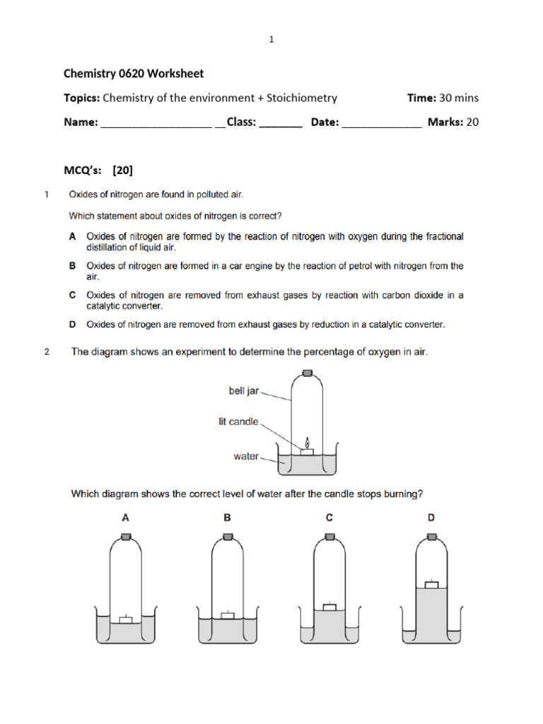 Worksheet Chemistry of The Environment + Stoichiometry | PDF | Chemical ...