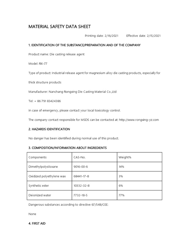 MSDS For Die Casting Release Agent RX-77 v1.5 | PDF | Water | Soil