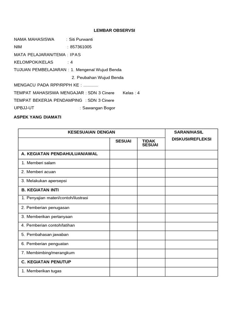 Lembar Observasi | PDF