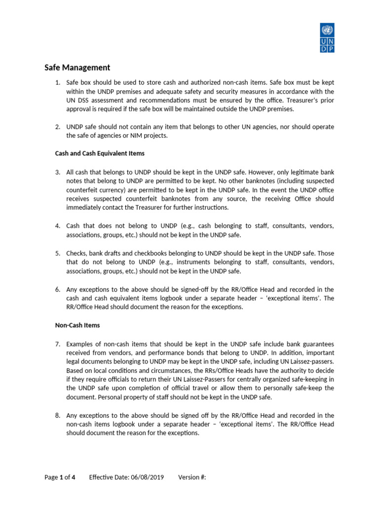 UNDP Cash Management Safe Guidelines | PDF | Cash | Money