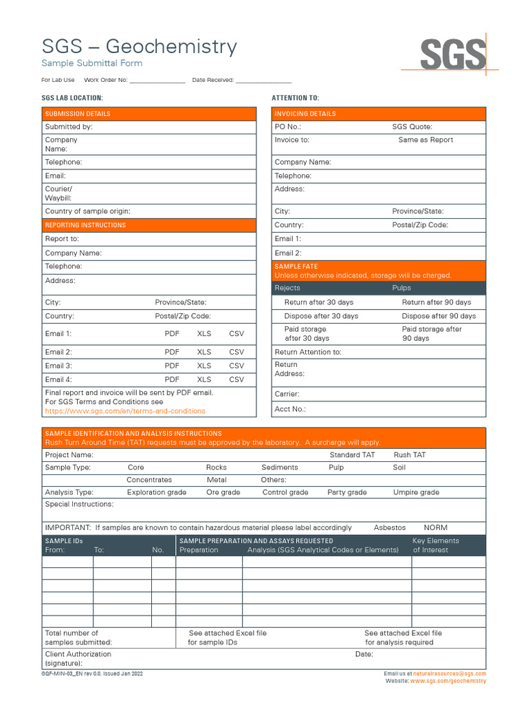 SGS Geochemistry Sample Submission Form | PDF