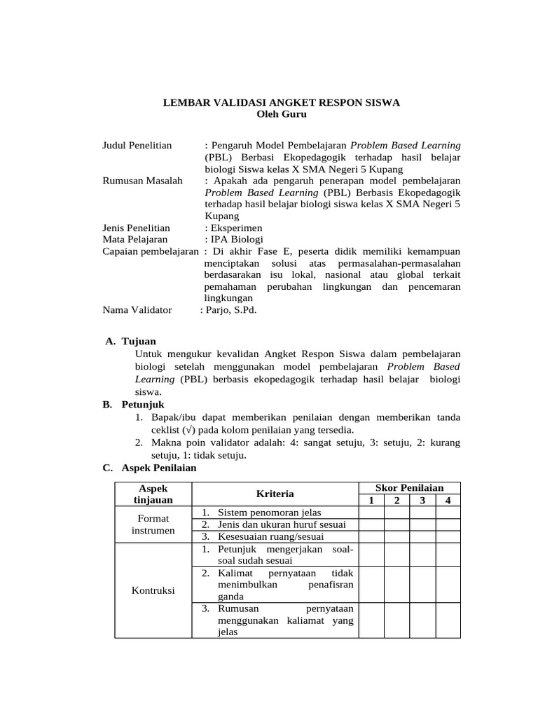 Validasi Angket Respon Siswa Biologi | PDF