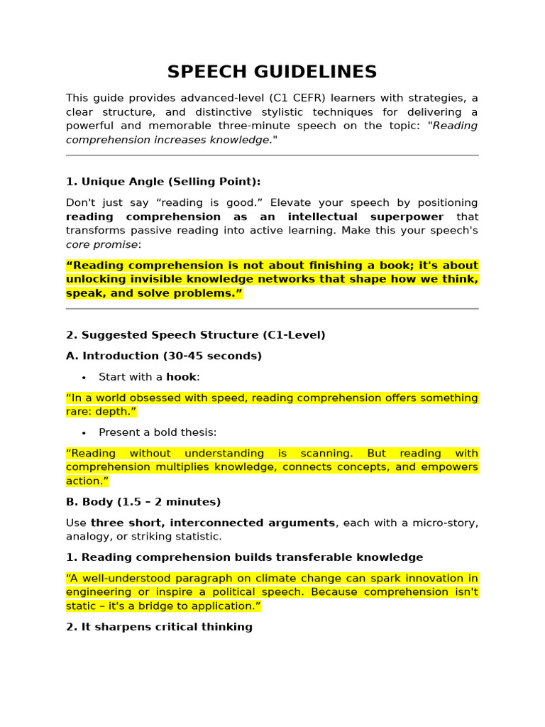 Speech Guidelines - 29 April 2025 | PDF | Reading Comprehension | Knowledge