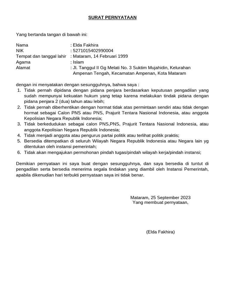 Surat Pernyataan Elda | PDF