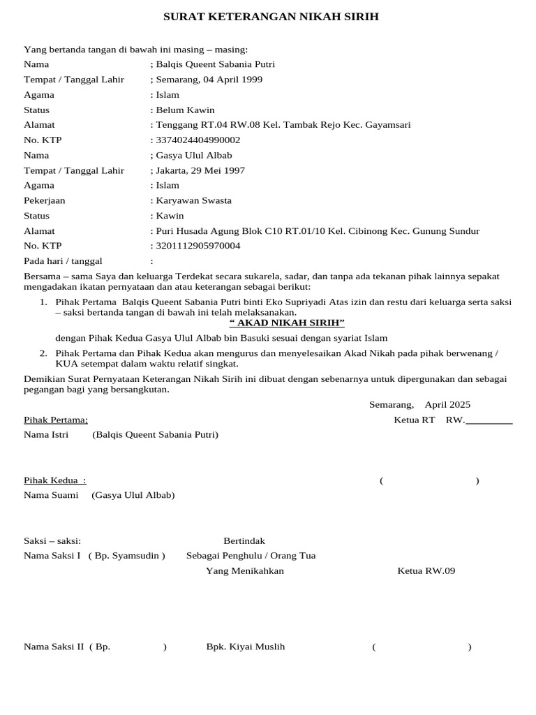 SURAT KETERANGAN NIKAH SIRI | PDF