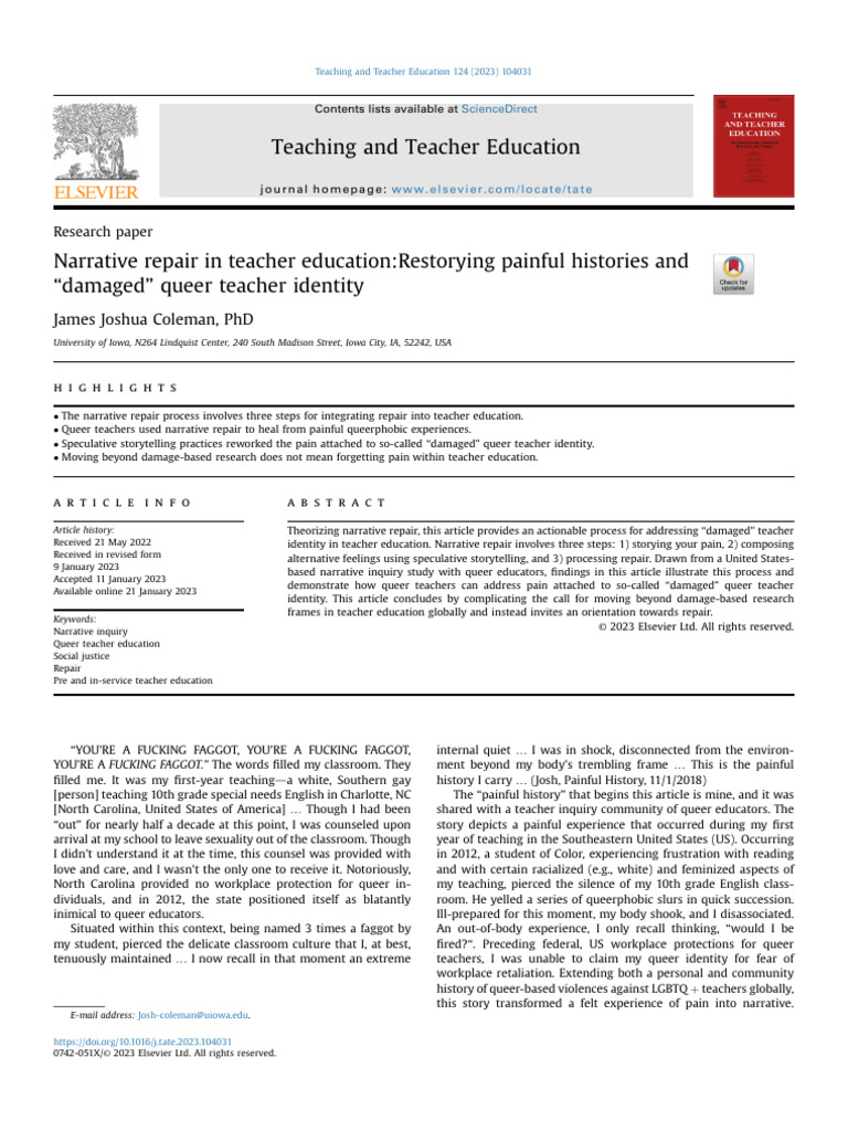 Coleman-2023-Narrative Repair in Teacher Education. Restorying Painful ...