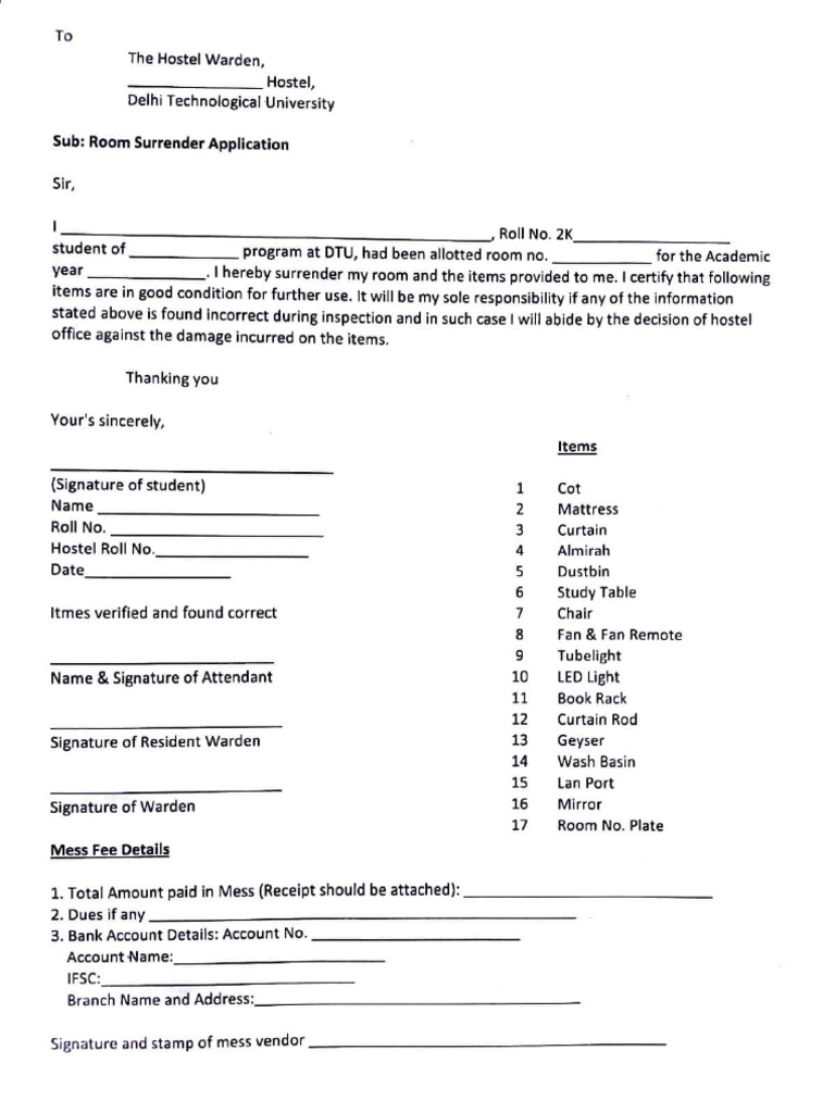 Room Surrender Form . | PDF