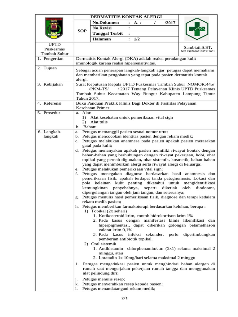 Sop Dermatitis Kontak Alergi Fix | PDF