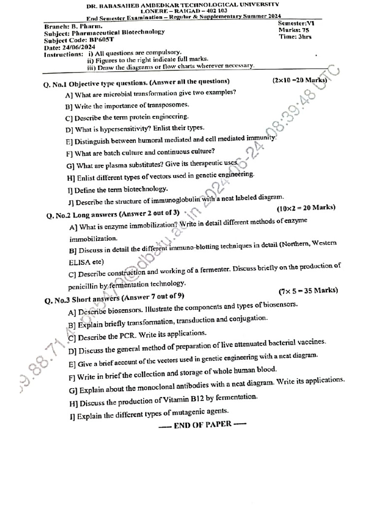 Biotechnology Question Paper (D.batu) | PDF
