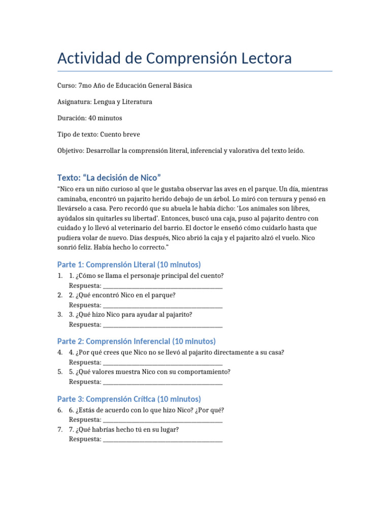 Actividad Comprension Lectora 7mo | PDF