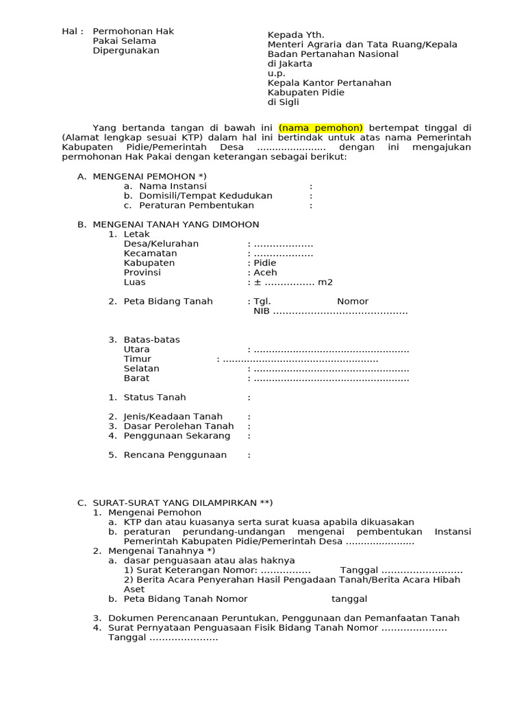 FORMAT PERMOHONAN HAK PAKAI Pemda Atau Desa 2025 | PDF